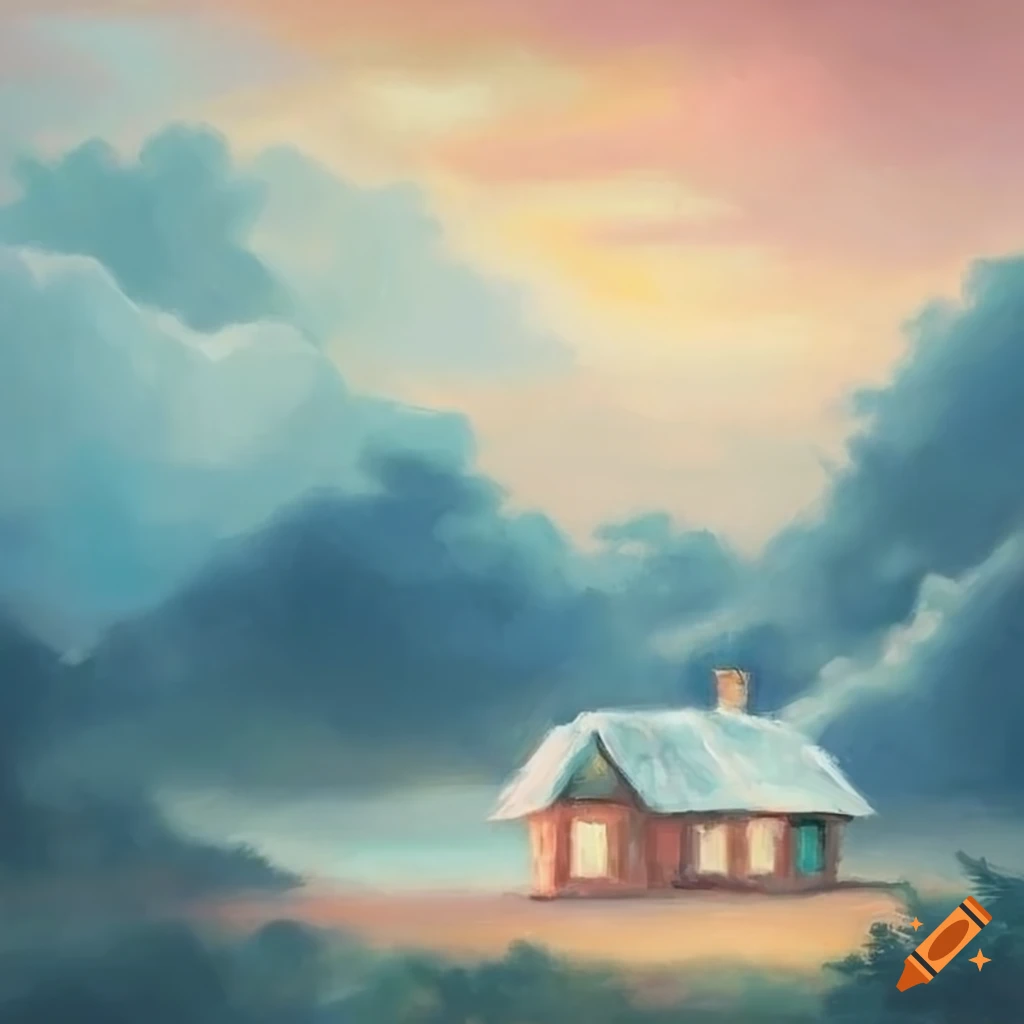 Pastel painting of a cottage surrounded by clouds