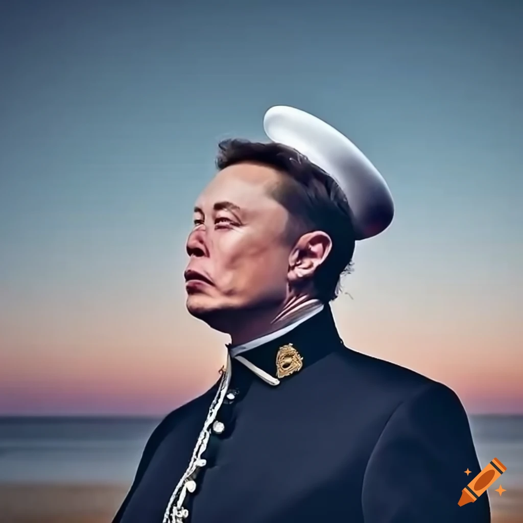 Elon musk in a navy blue and gold marching band uniform on a beach