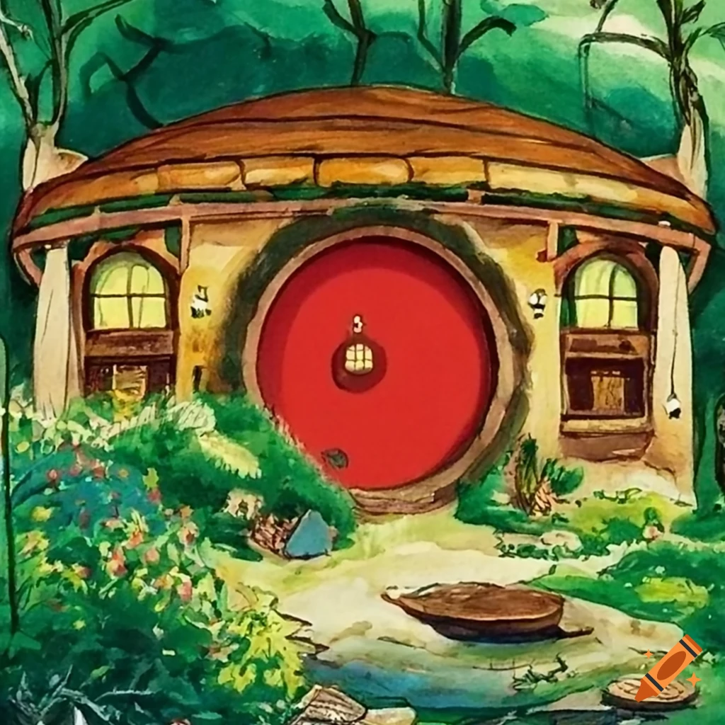 Cartoon illustration of a hobbit house on Craiyon