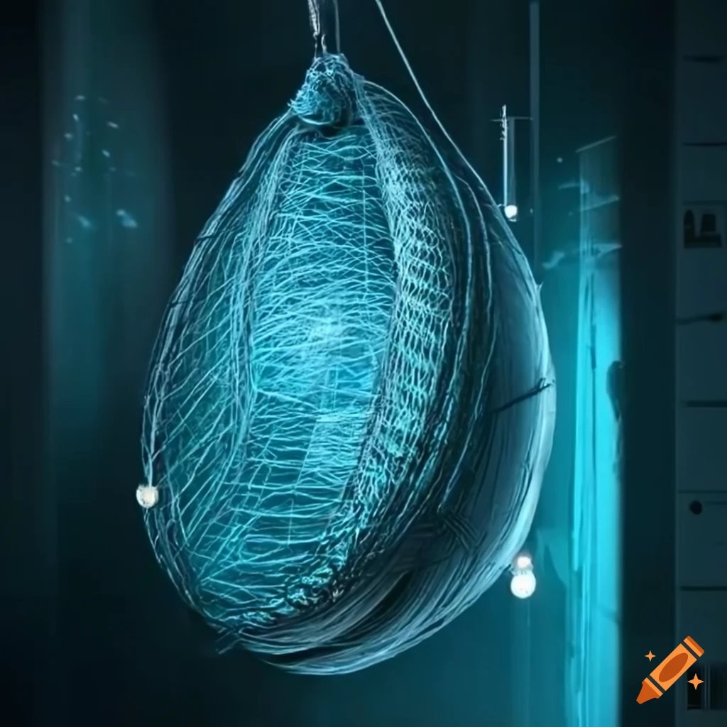 Sci-fi cocoon held by hoist tubes and machinery