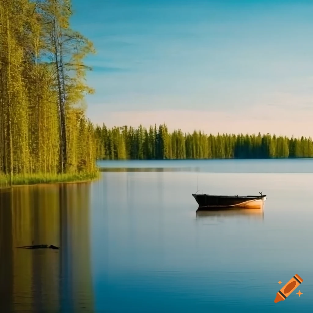 Tranquil Finnish lake with birch trees and a fishing boat on Craiyon