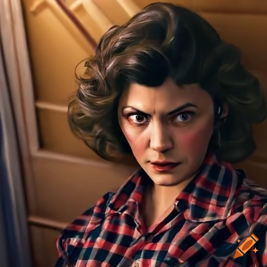 Portrait Of A Woman With Messy Hair In A Plaid Shirt And Black Leather