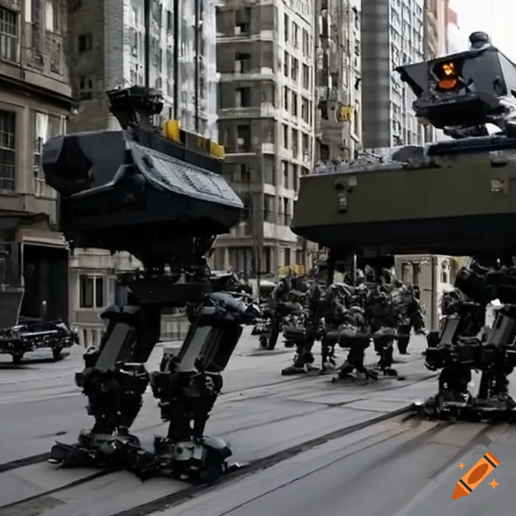 Image of a giant robot army advancing towards a city