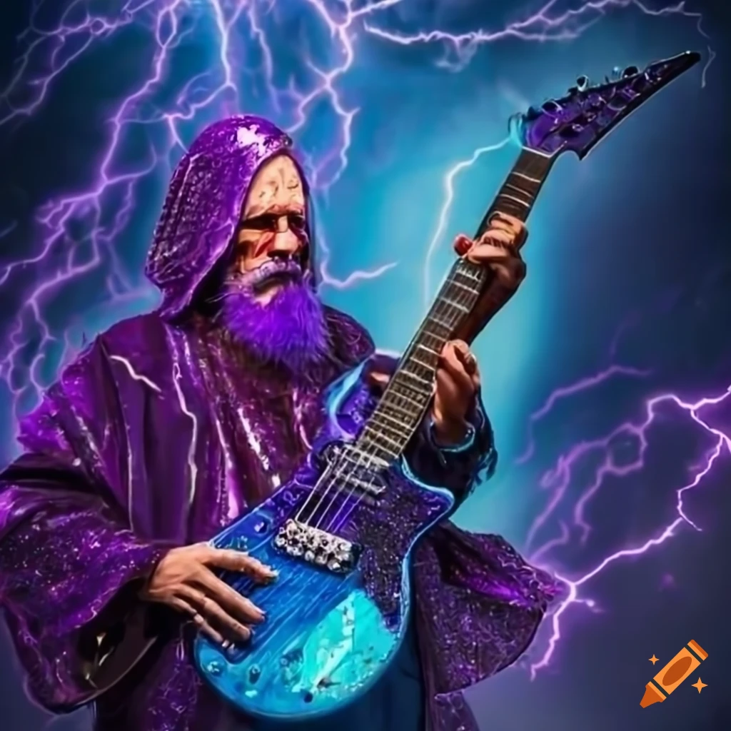Image of a mystical wizard playing a heavy metal guitar on Craiyon