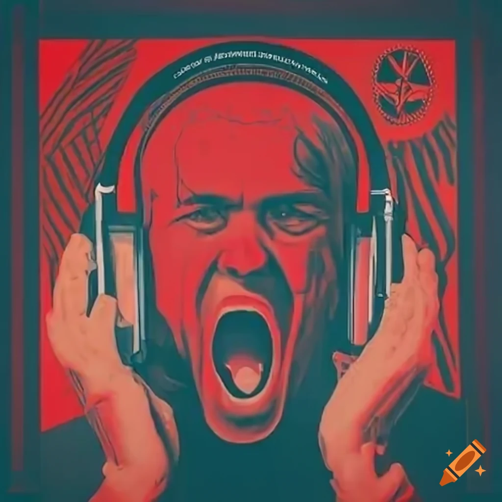 Bold Soviet propaganda poster of a guy yelling into a microphone on Craiyon