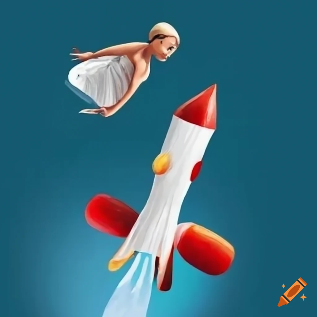 Woman flying on a rocket enjoying fruit