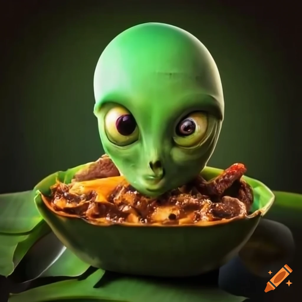Alien eating beef fry in banana leaves