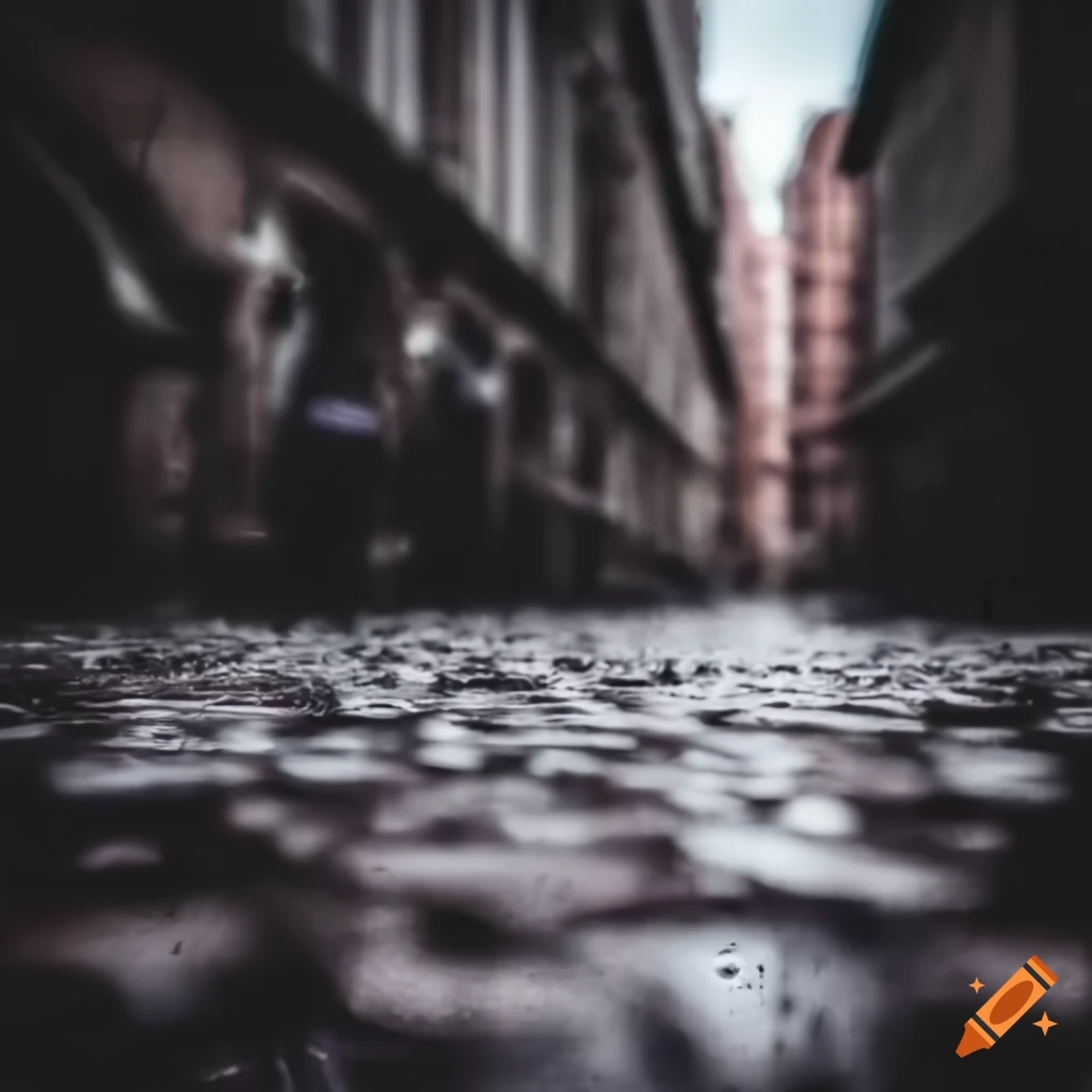 Urban photography of a rainy alley with umbrellas on Craiyon