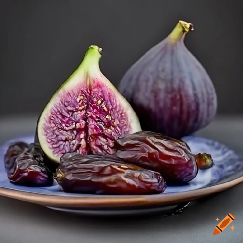 Delicious dates on a branch on a glass plate on Craiyon
