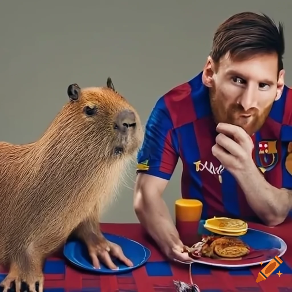 Capybara and Lionel Messi having breakfast together on Craiyon
