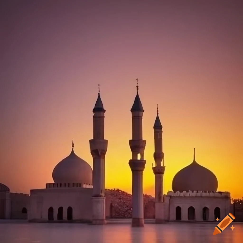 Mosque at sunset with warm golden hues on Craiyon