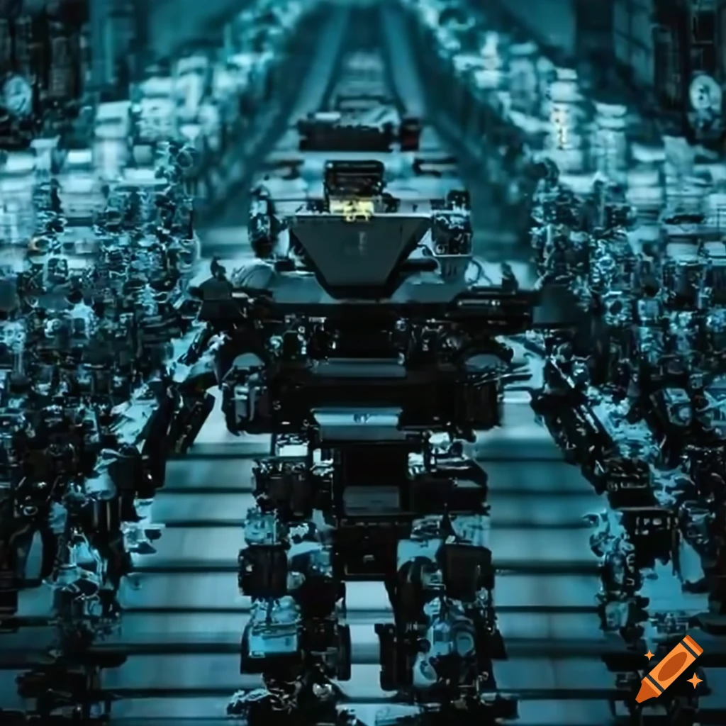 Robot army marching on factory floor on Craiyon