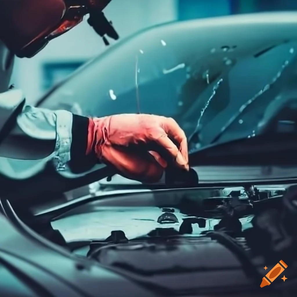 Technician replacing a car's windshield on Craiyon