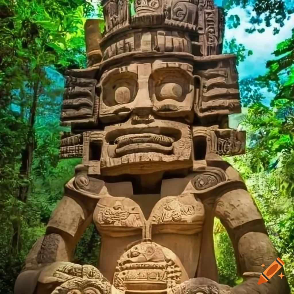 Aztec statue in a sunny tropical forest on Craiyon