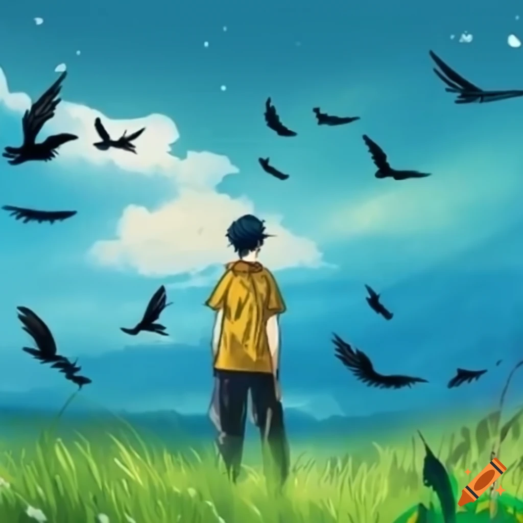 Anime boy enjoying the sight of birds in a field on Craiyon