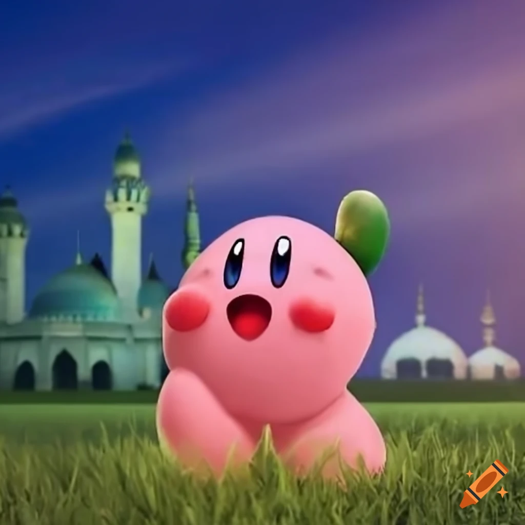 Kirby with a mosque in the background