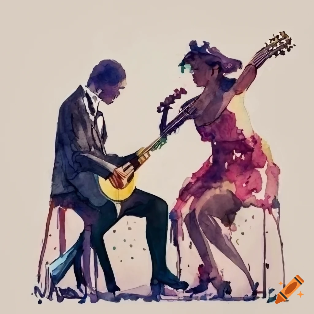 Watercolor of a stylish guitar player and jazz singer on Craiyon