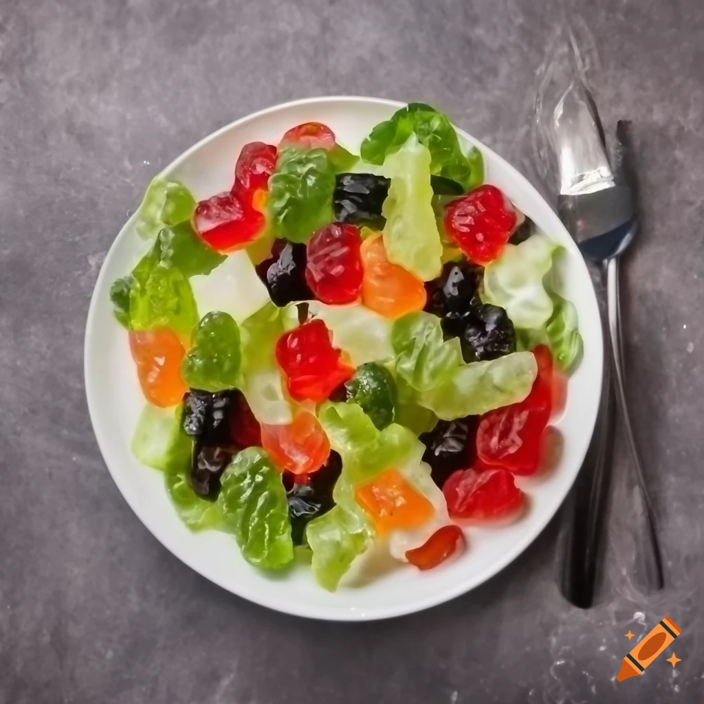 Photo of a colorful gummy bear salad on Craiyon