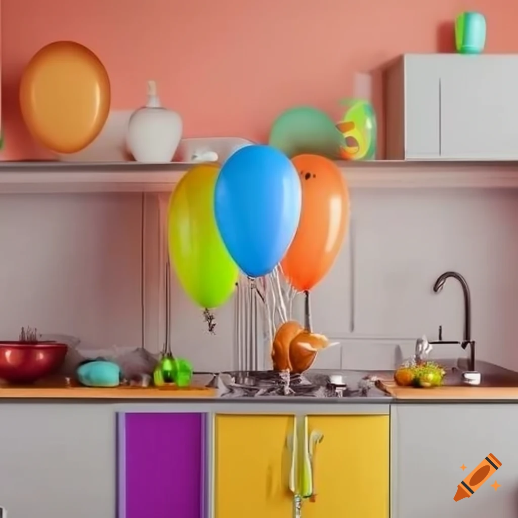 Festive and colorful kitchen with balloons on Craiyon