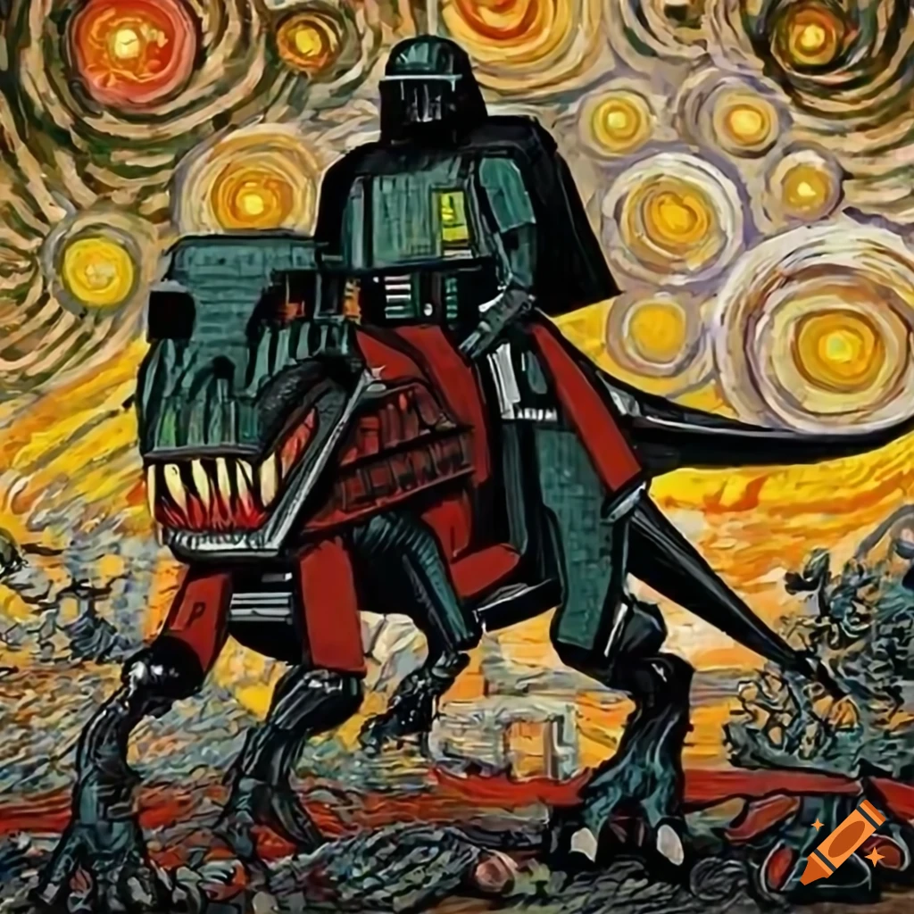 Artistic representation of darth vader riding a t-rex fighting robots