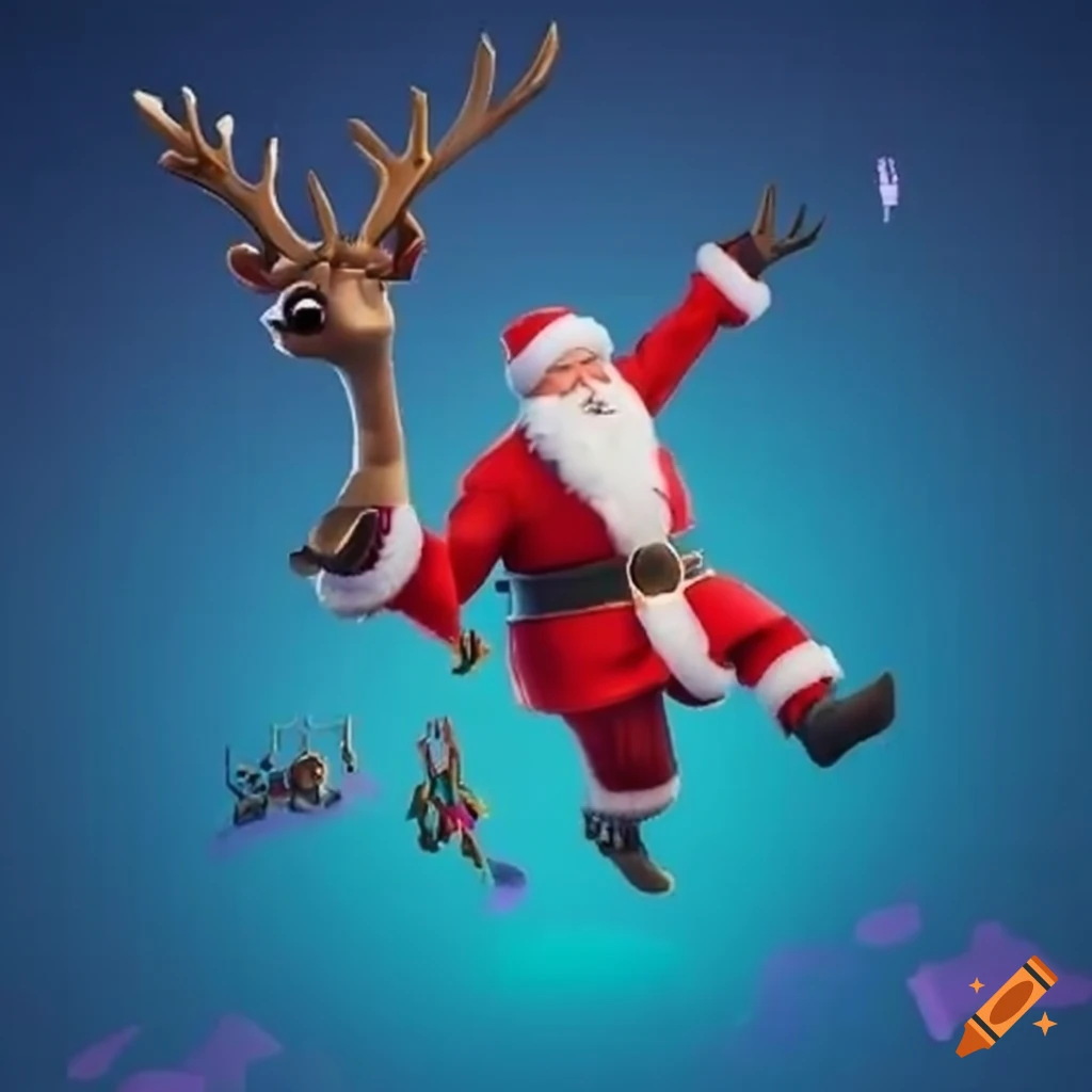 Santa claus flying over fortnite map with reindeer on Craiyon