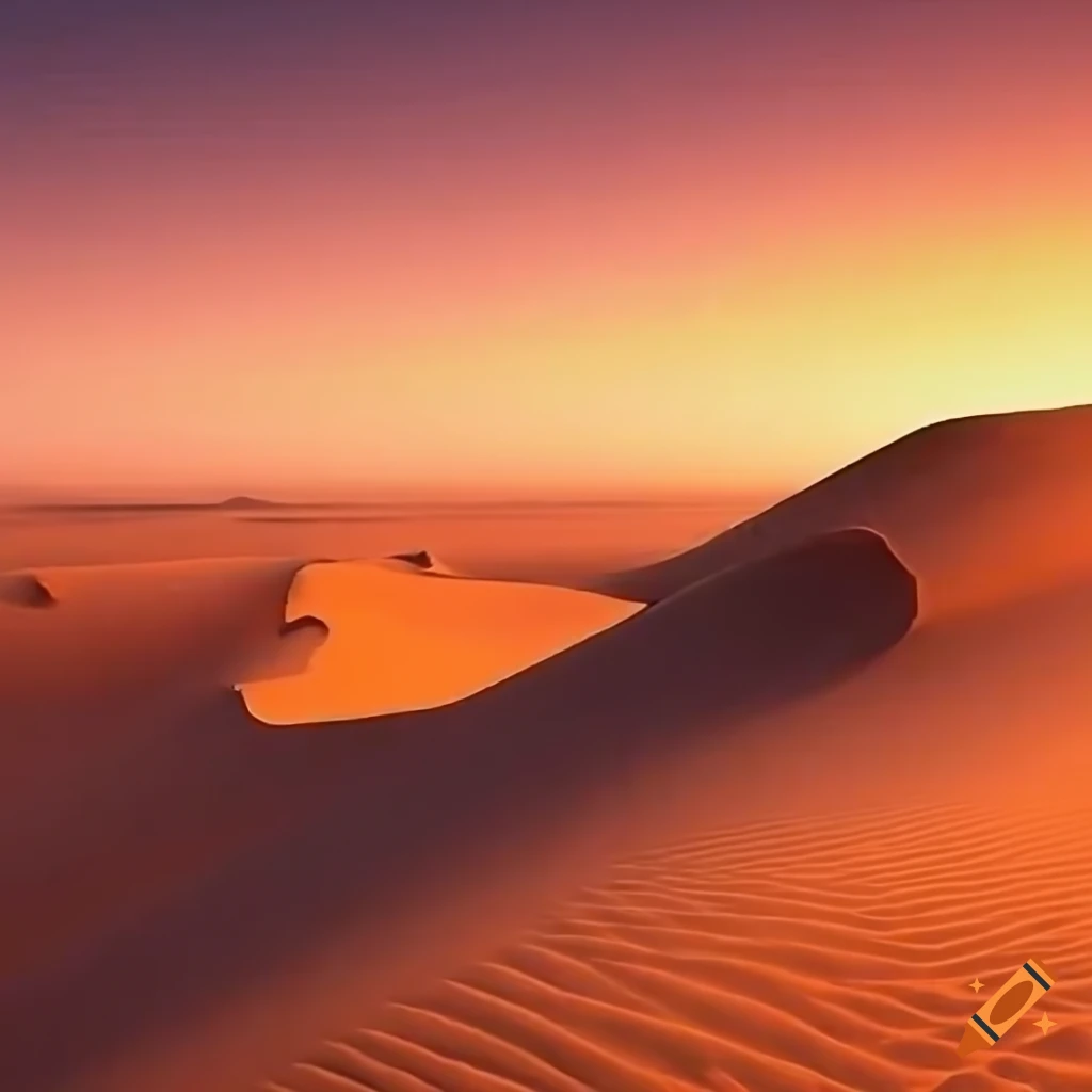 Sunset over sand dunes in the desert on Craiyon