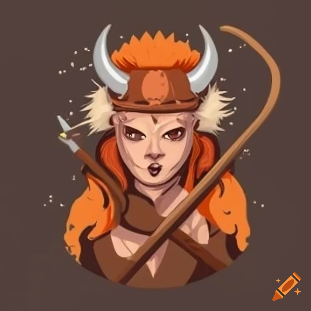 Female viking with orange fox head cowl aiming bow and arrow on Craiyon