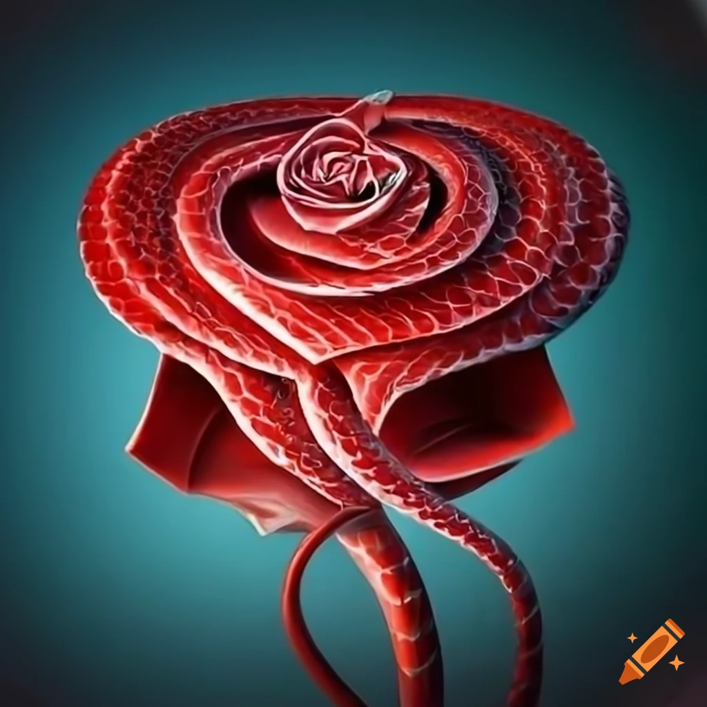 Artistic representation of a red snake with a white rose on Craiyon