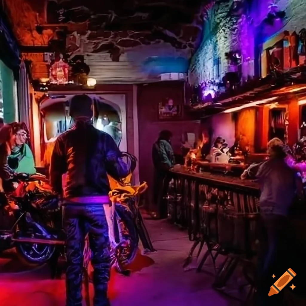 Colorful psychedelic party in a record store with a bar on Craiyon