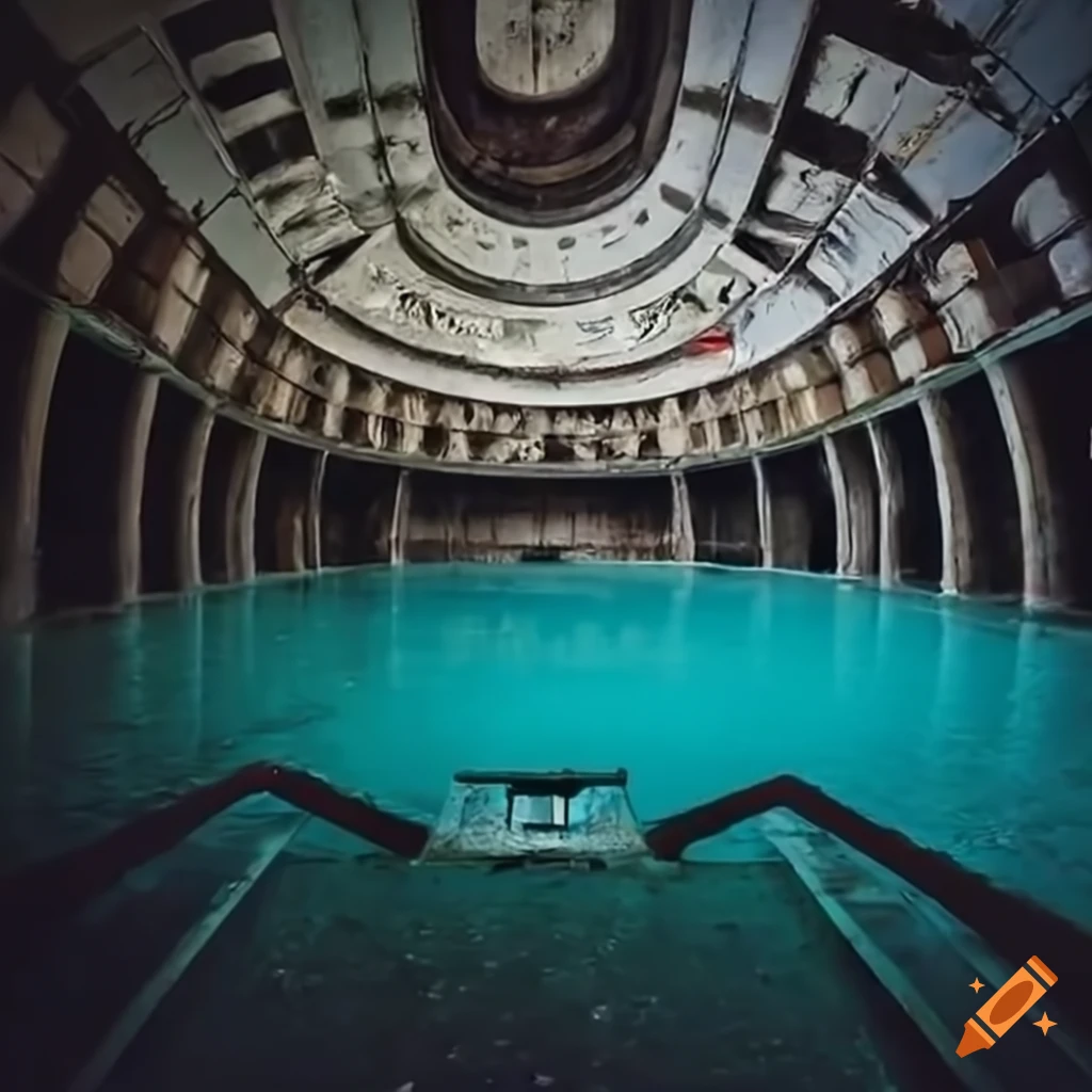 Abandoned moonpool with a submarine inside on Craiyon