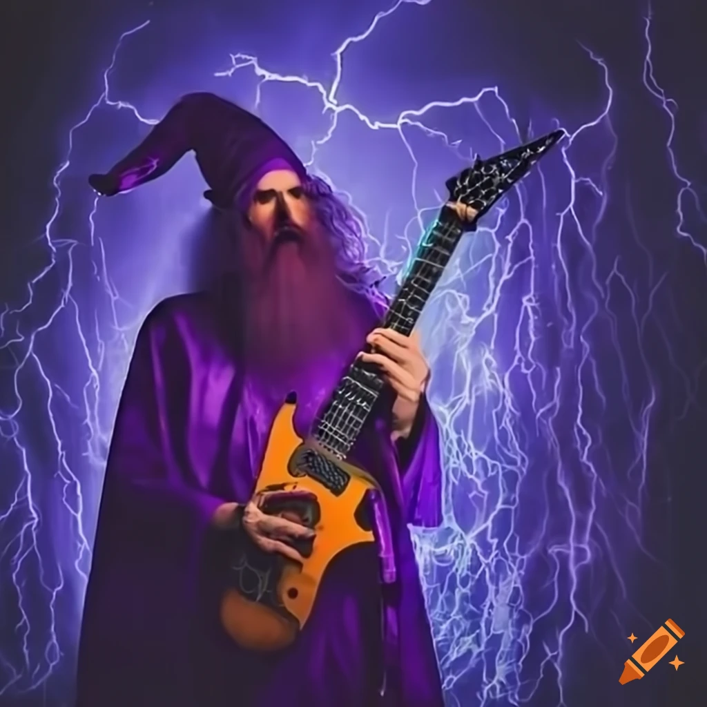 Image of a purple-robed wizard playing an electric guitar on Craiyon