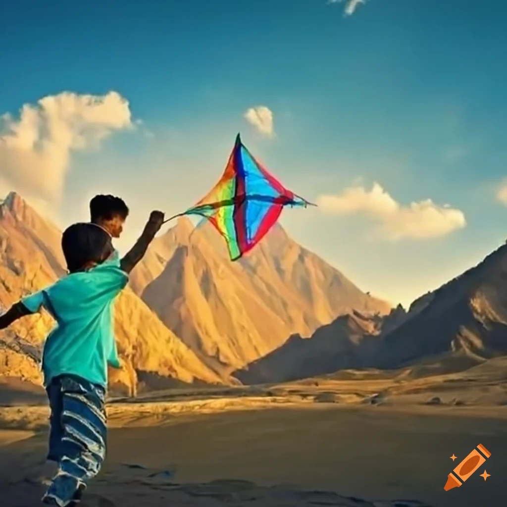 Boys flying a colorful kite in afghanistan on Craiyon