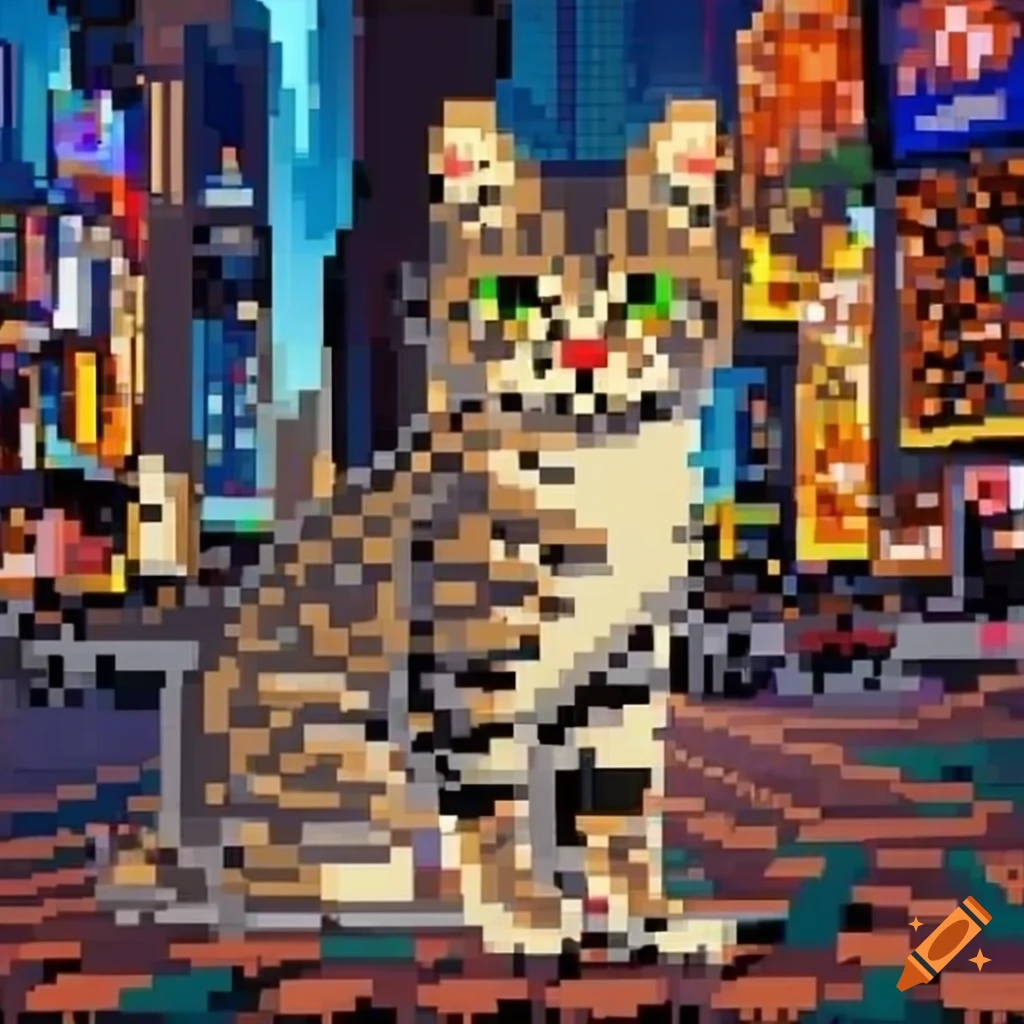Pixel art of a tabby cat in times square