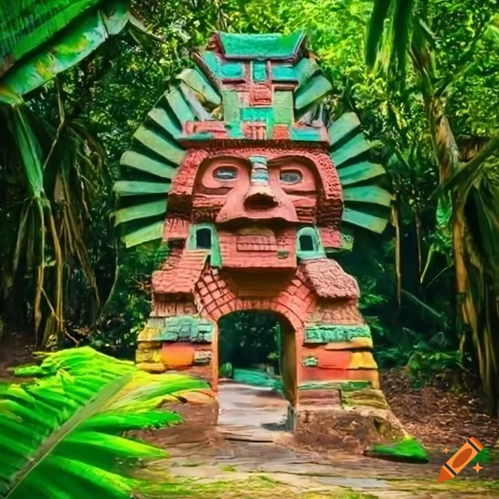 Giant aztec statue in a sunny tropical forest