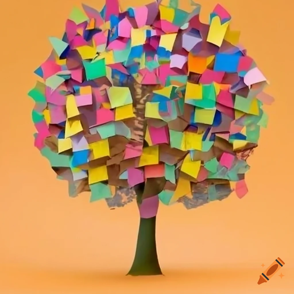 Tree decorated with colorful paper notes on Craiyon