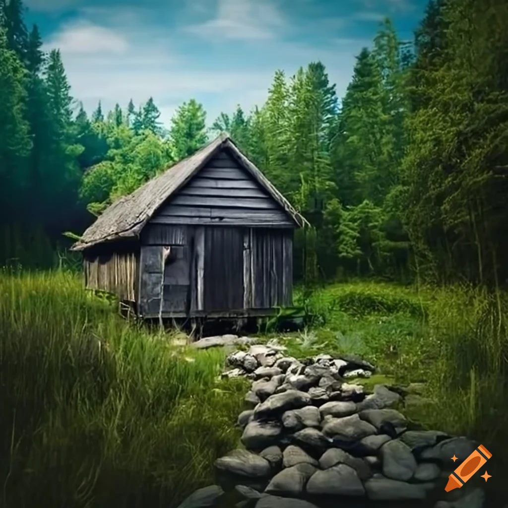 Scenic view of a wooden shack by a lake on Craiyon