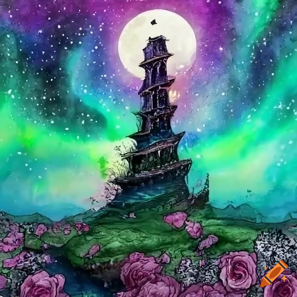 Anime style tower in a field of roses with dark sky on Craiyon