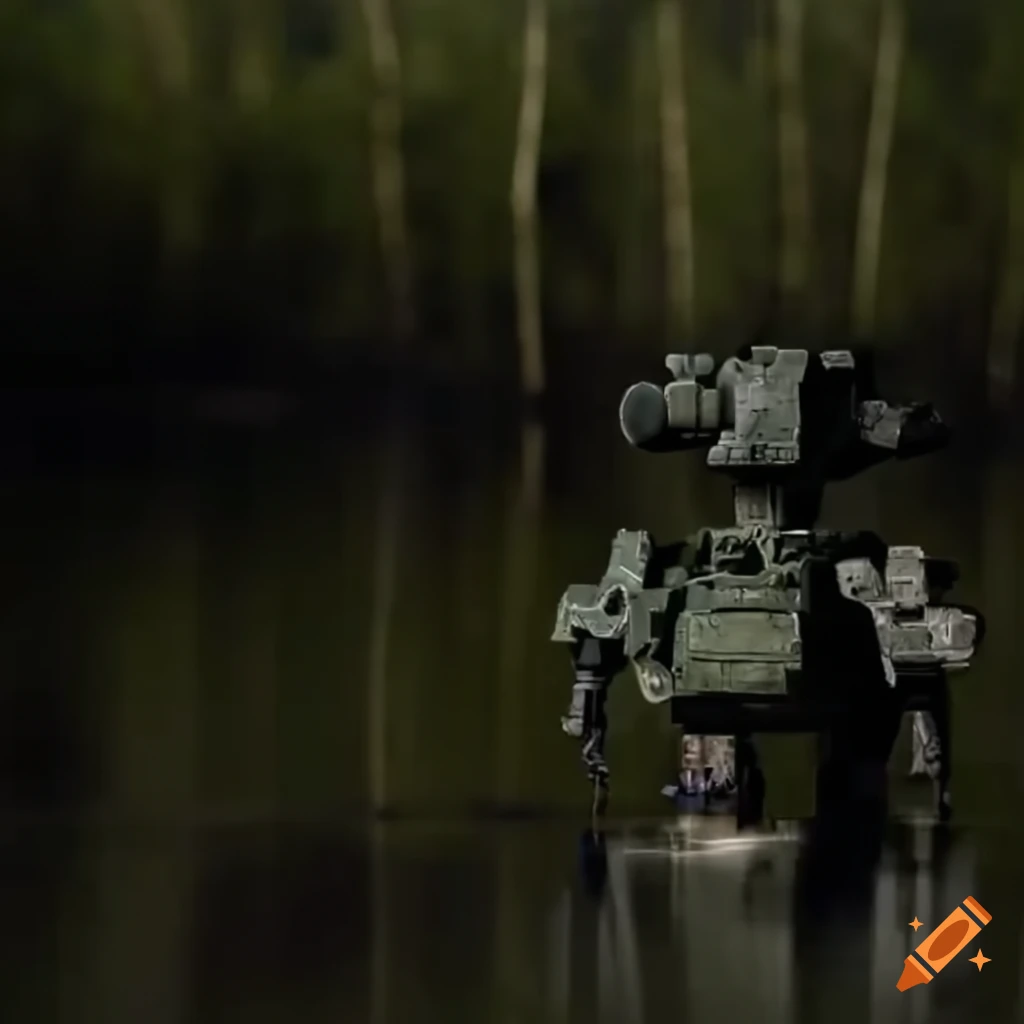 25 feet tall bird-like armored mech in a marshy forest