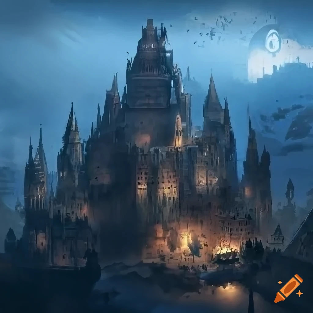 A magical castle of light across from a castle of darkness on Craiyon