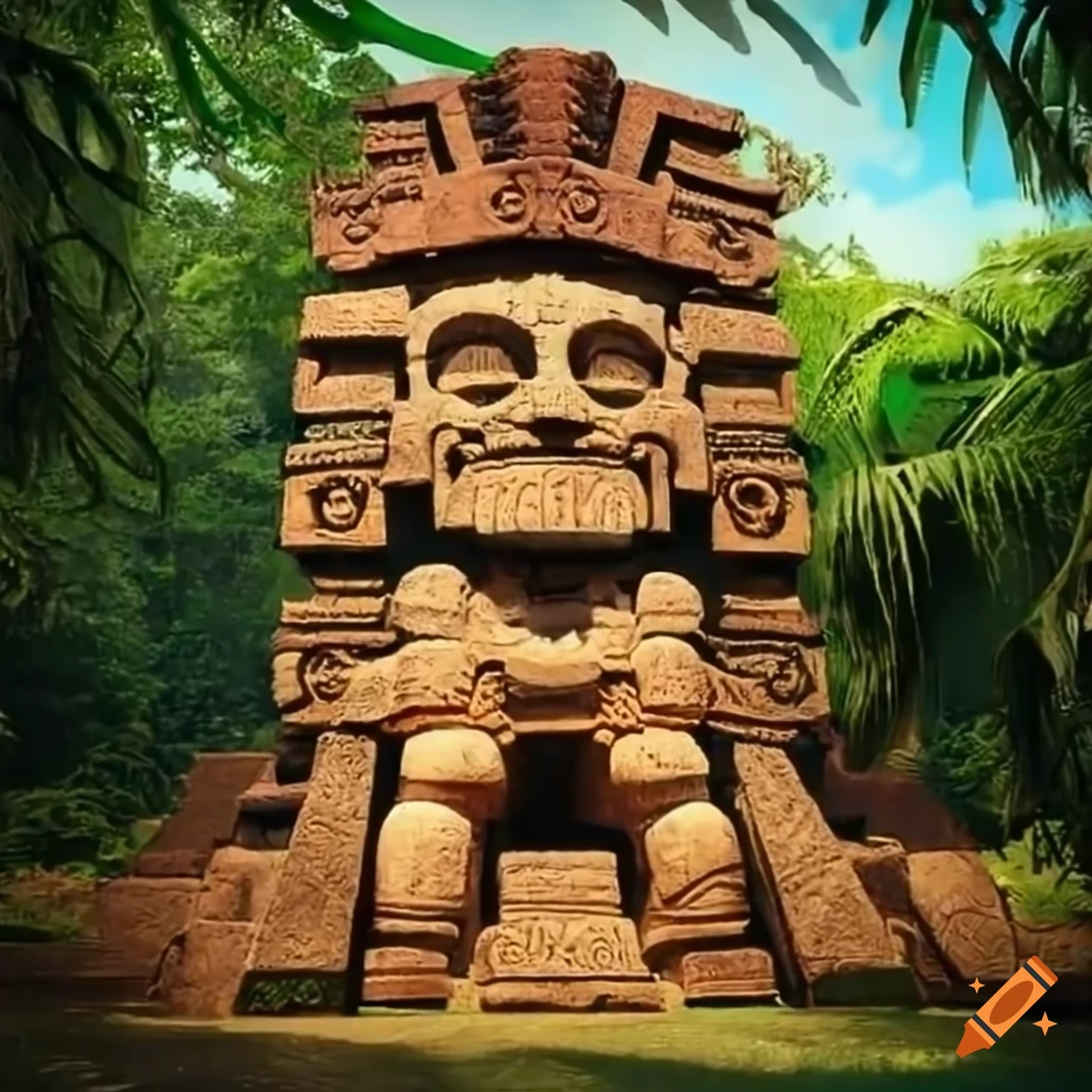 Manga rendering of a stone aztec head in a tropical forest on Craiyon