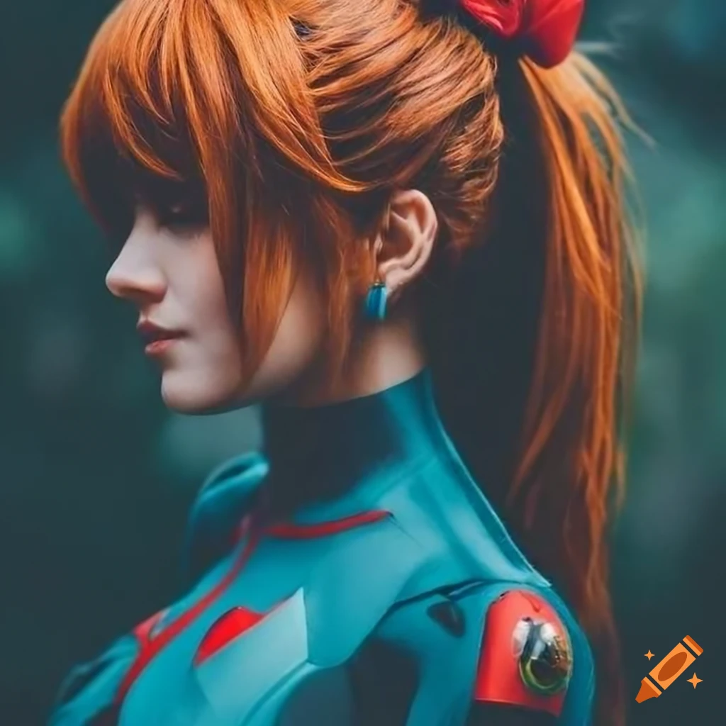 Cosplay of asuka langley surrounded by orange flowers on Craiyon