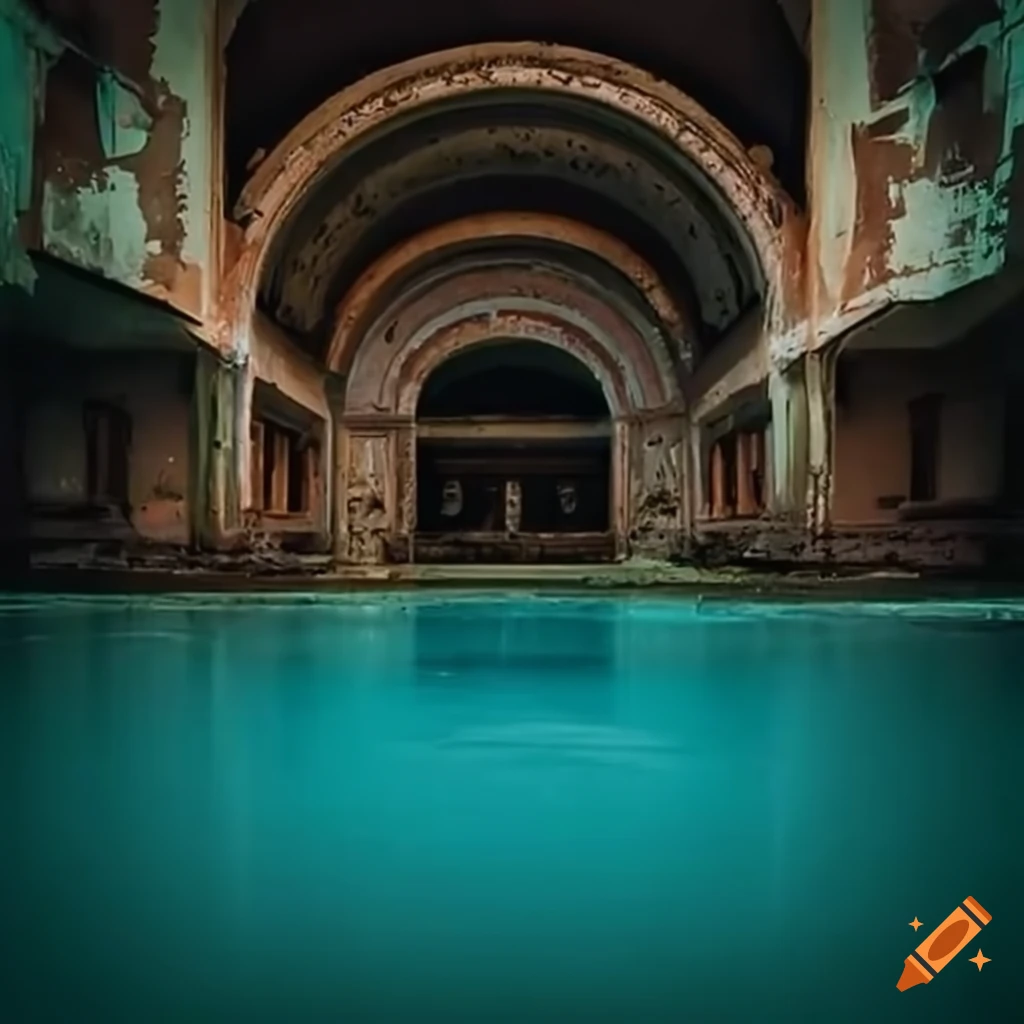 Abandoned murky swimming pool with peeling paint and industrial windows ...