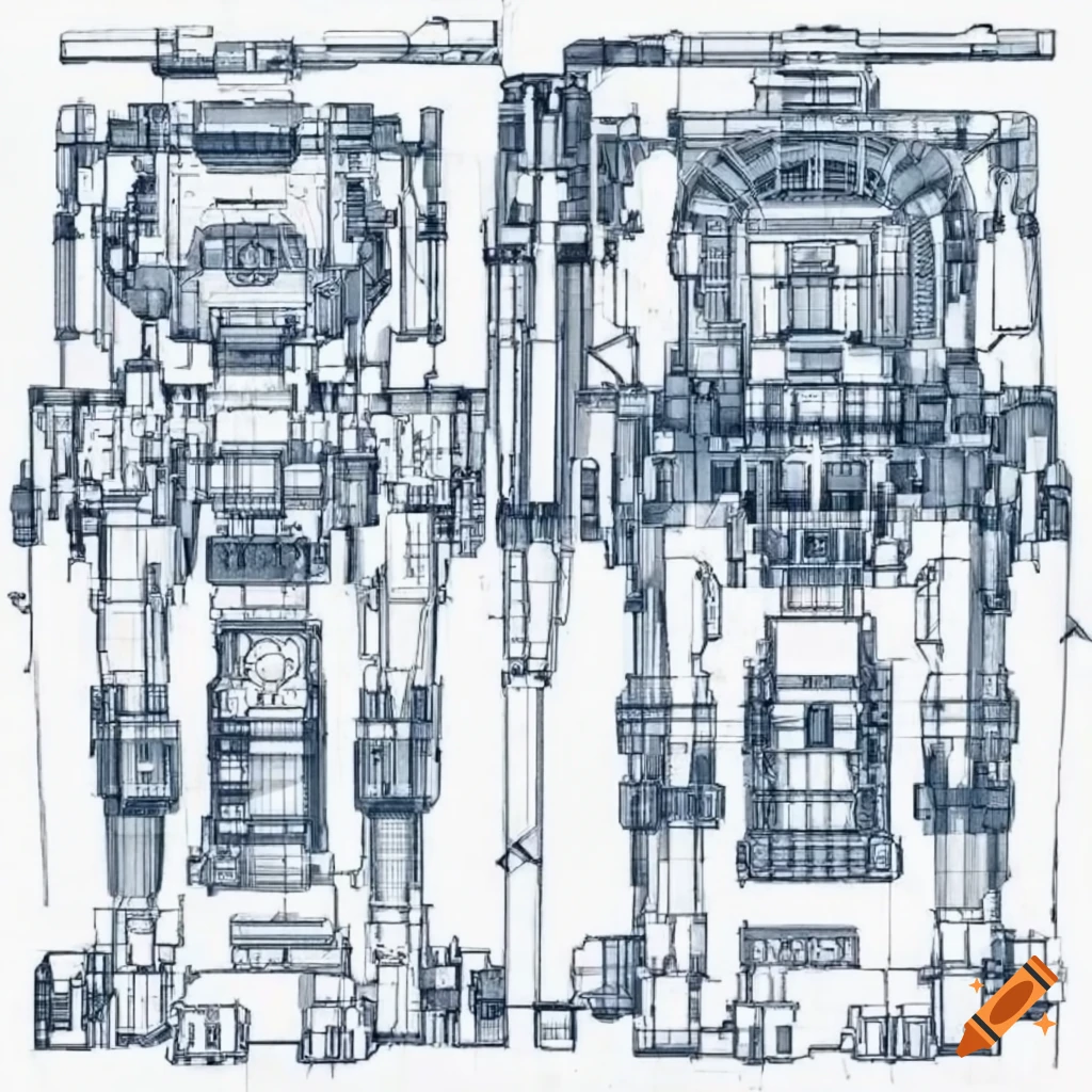 Detailed blueprint of a futuristic light mech on Craiyon