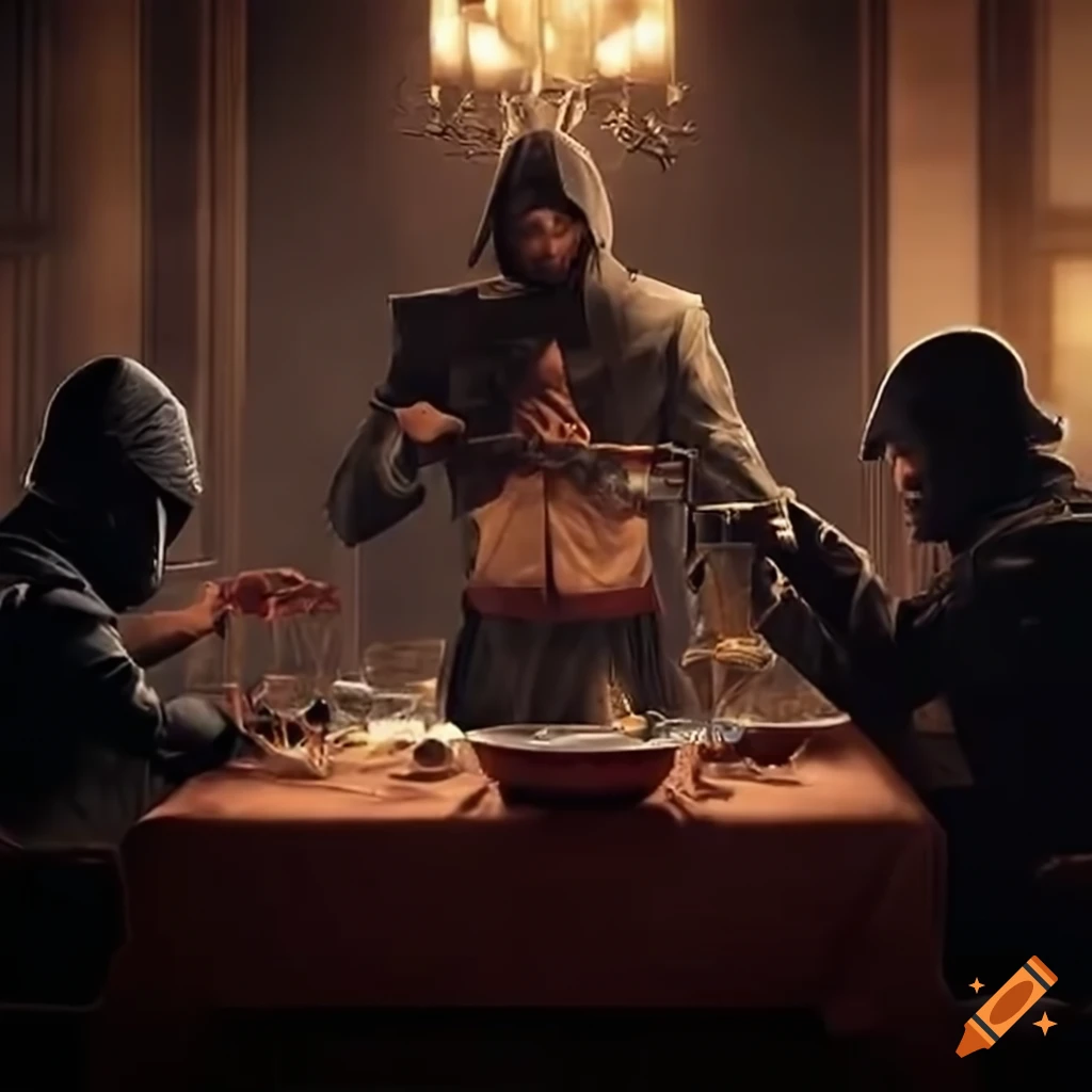 Assassin and officer discussing battle plans over tea on Craiyon