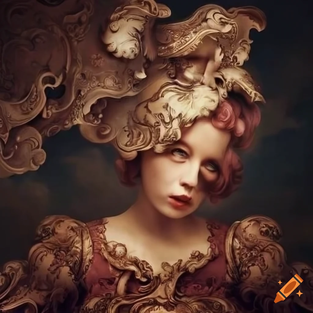 Surrealistic baroque rococo style artwork in the clouds