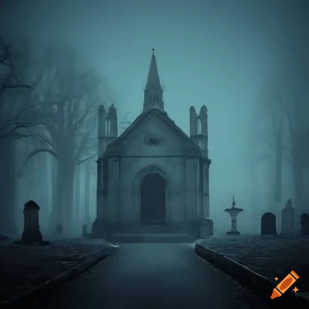 Dark purple gothic cemetery with abandoned horse stable and oak tree on ...