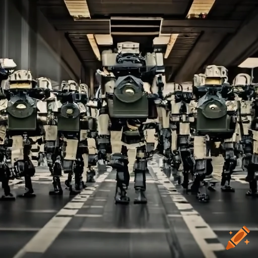 Robot army marching on factory floor on Craiyon