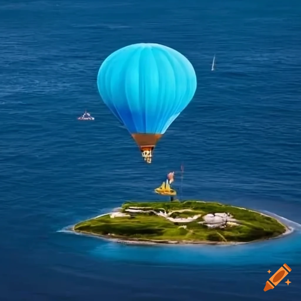 Blue bus attached to a hot air balloon over an island