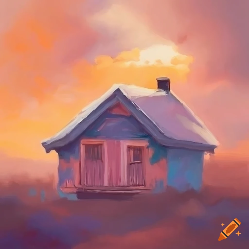 Pastel painting of a cottage with dreamy clouds at sunset