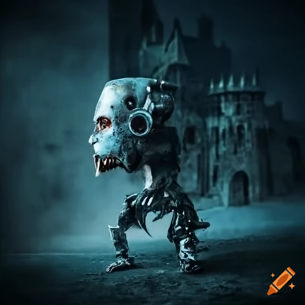 Robot zombie in front of a dark castle on Craiyon